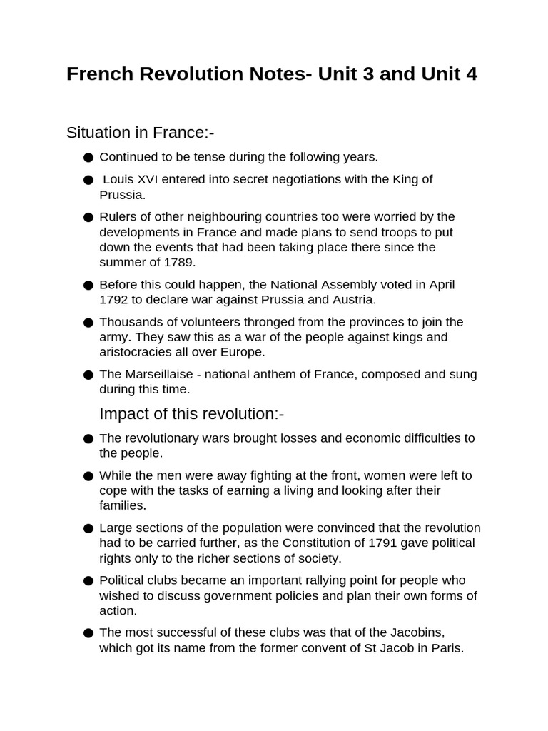 French Revolution Notes Unit 3 and Unit 4 | PDF | Reign Of Terror ...