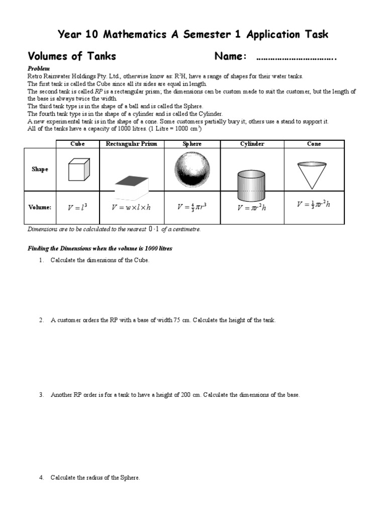 Year 10 Mathematics A Semester 1 Application Task Volumes of Tanks Name ...
