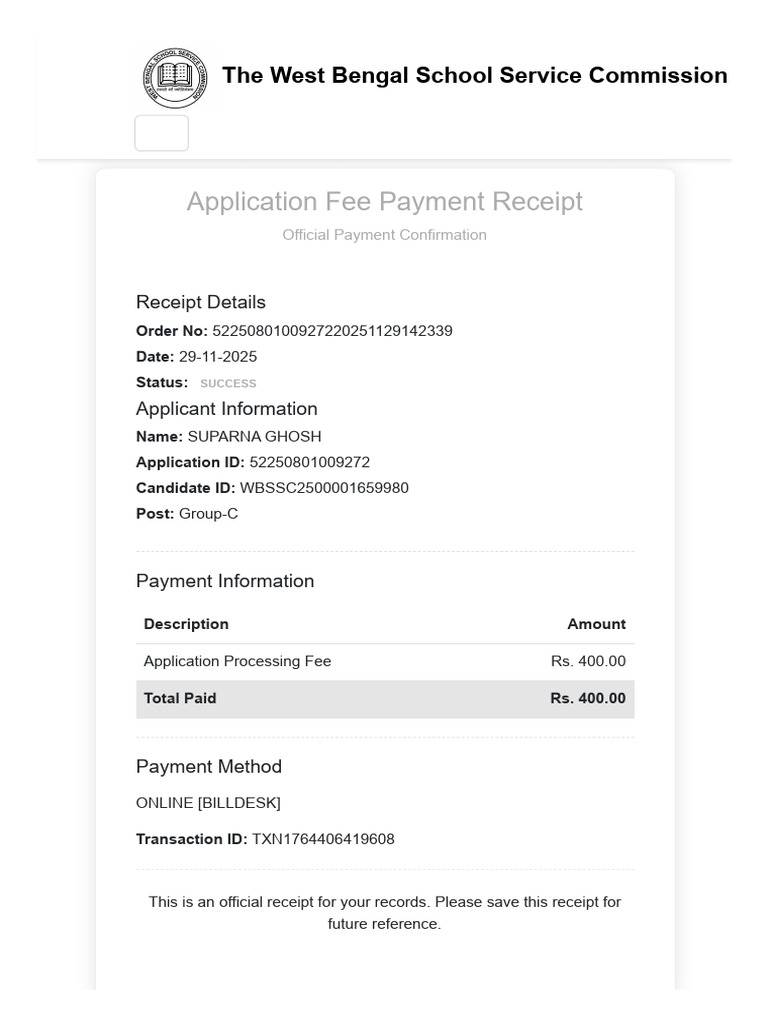 West Bengal Application Fee Receipt | PDF