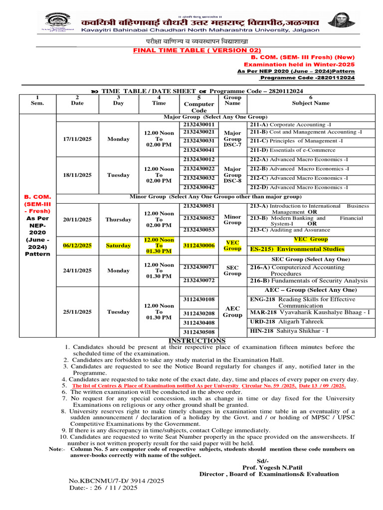 Final Time Table Vesion 02 of SYBCom as Per NEP 2020 Only Sem- III ...