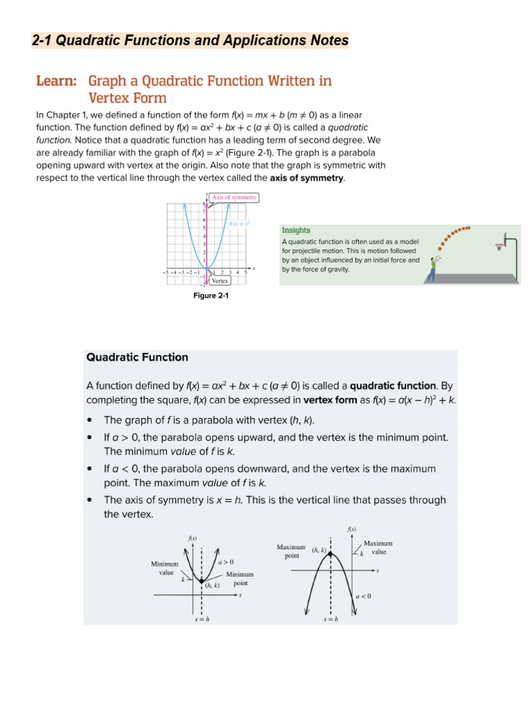 2-1 Quadratic Functions and Applications Notes Precalculus Done | PDF