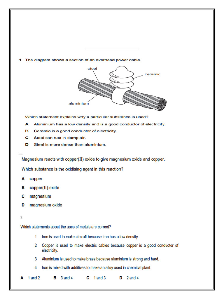IGCSE Chemistry Worksheet on Metals | PDF
