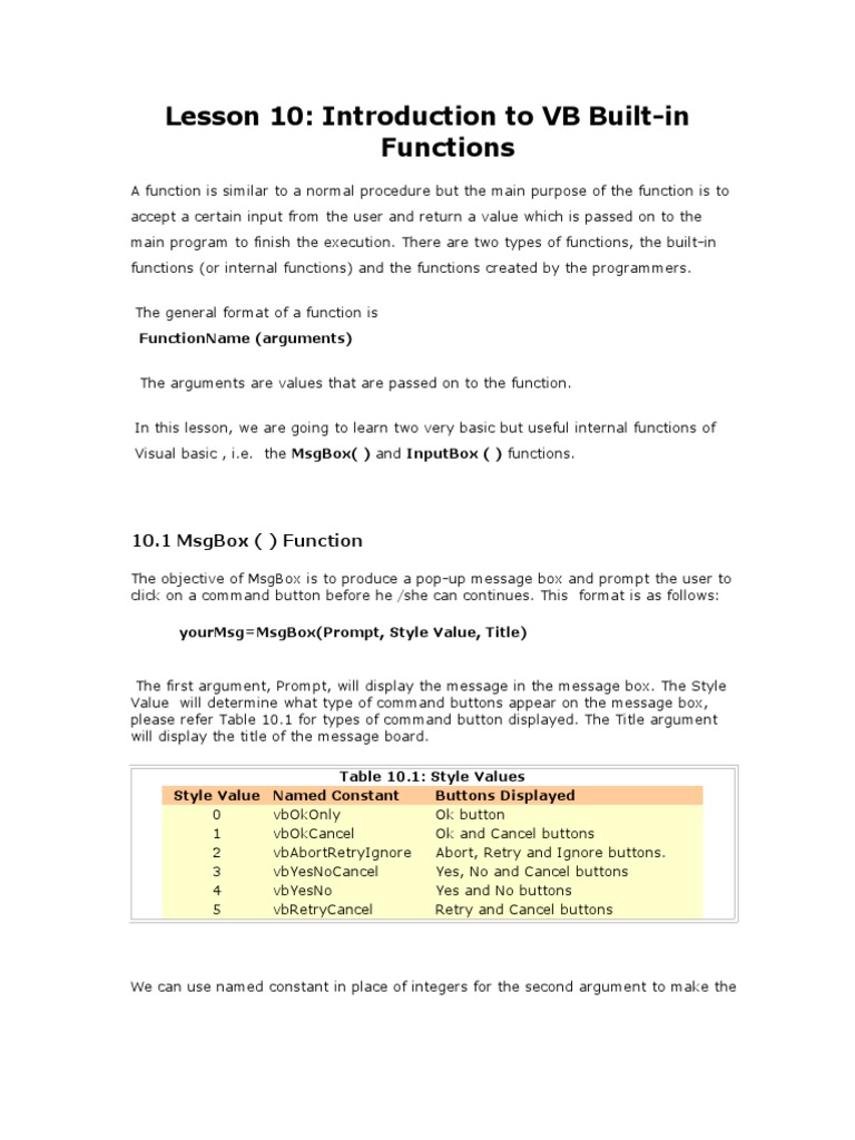 Lesson 10: Introduction To VB Built-In Functions: 10.1 Msgbox Function ...