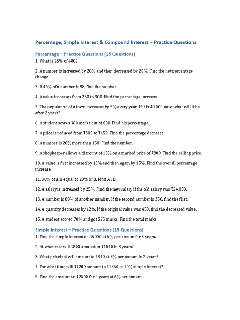 Percentage, Simple & Compound Interest Questions | PDF | Interest ...