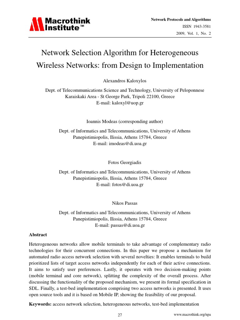 Network Selection Algorithm For Heterogeneous Wireless Networks: From Design To Implementation ...