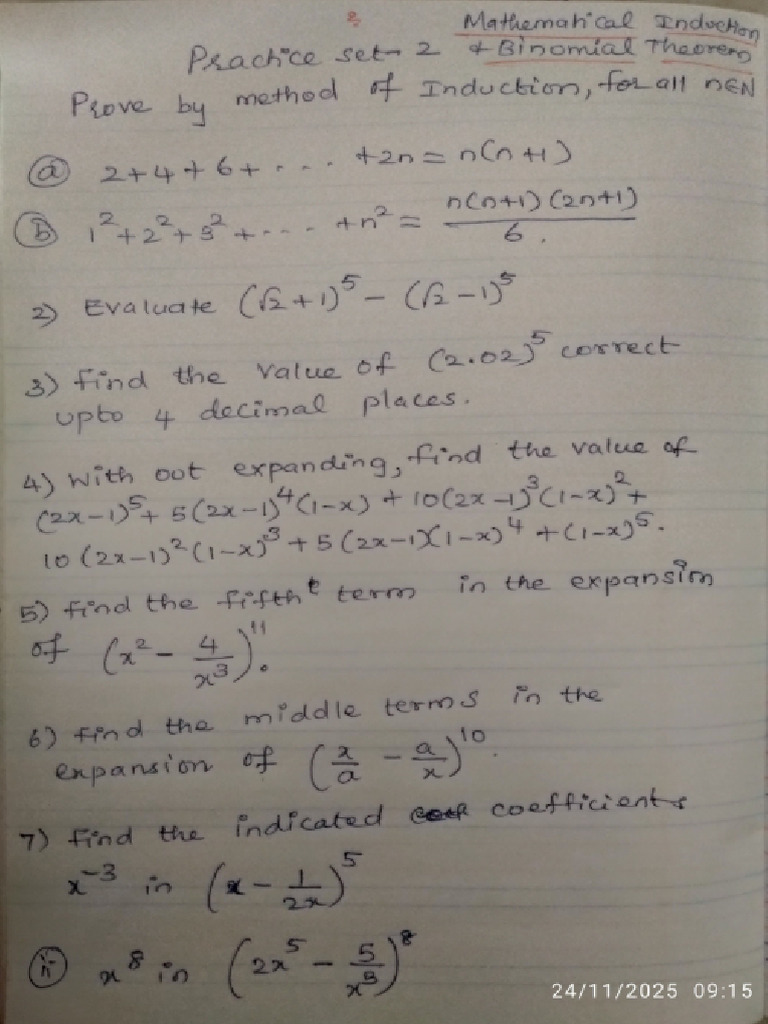 Fyjc Practice Set 2 Binomial Theorem and MI | PDF