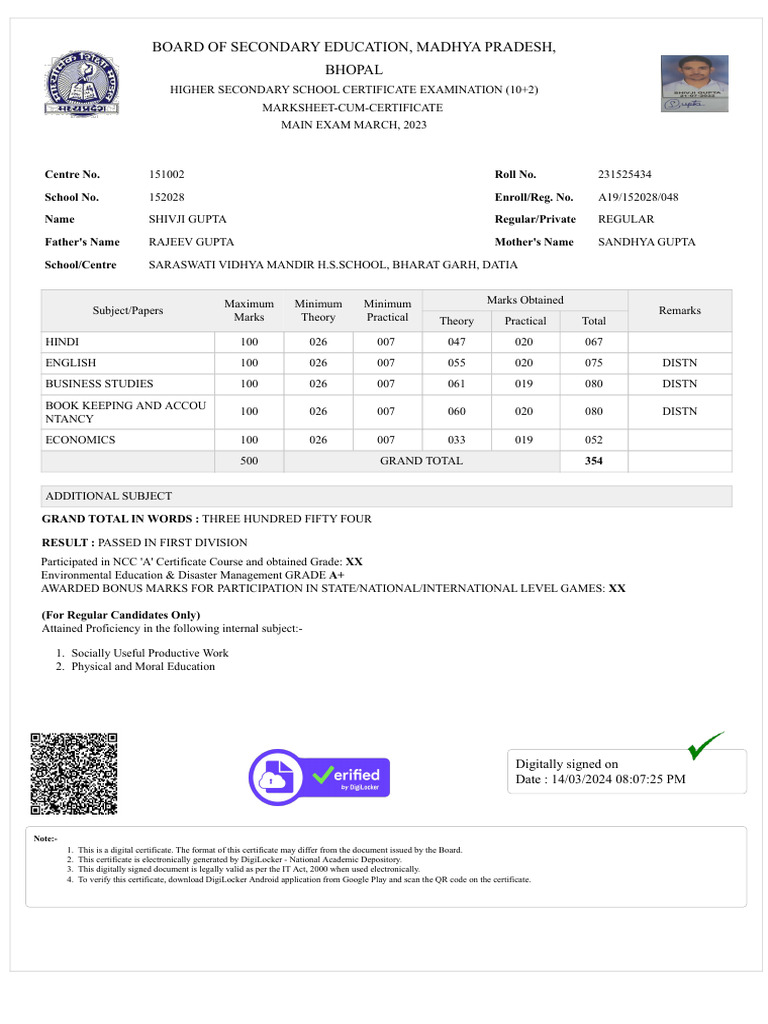 My 12th Marksheet | PDF