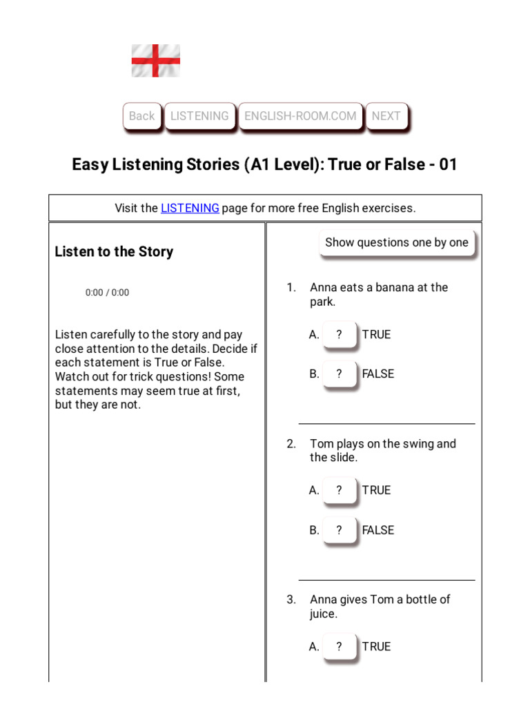 Easy Listening Stories (A1 Level) - True or False - 01 | PDF