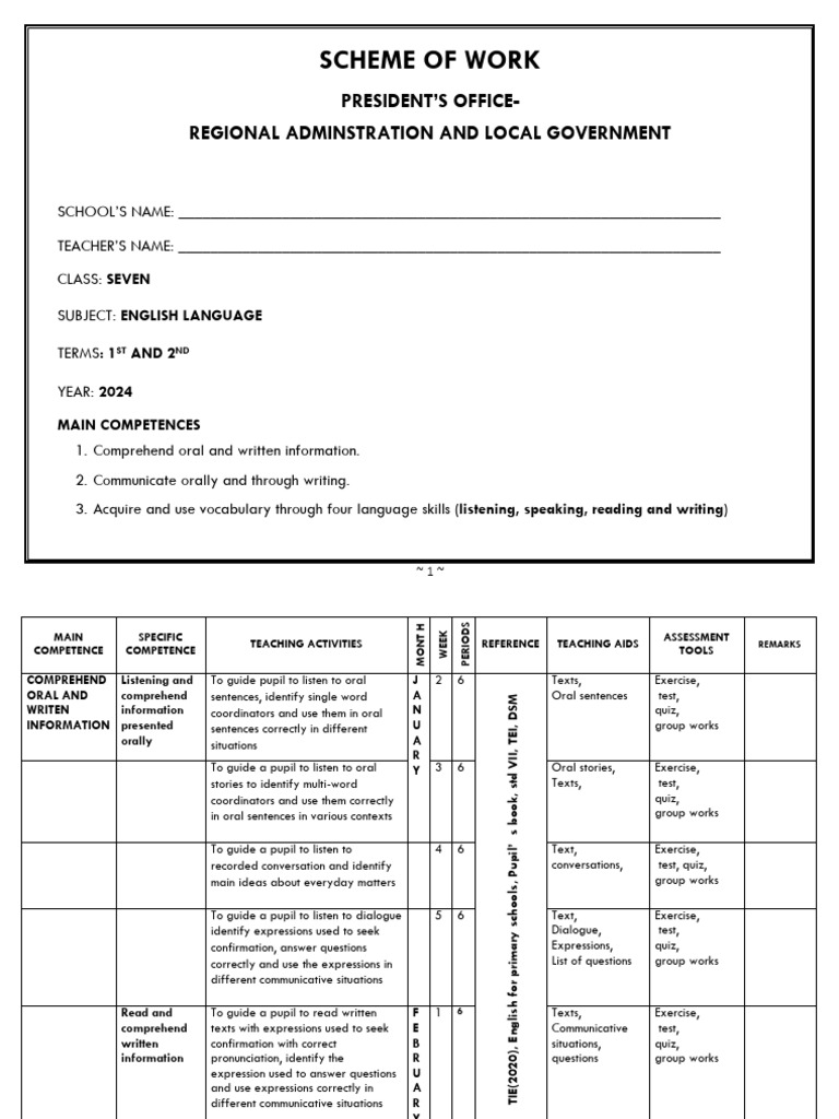 English Language Scheme for Class Seven | PDF | Vocabulary | English ...