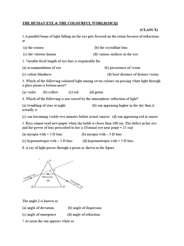 Human Eye & Light Phenomena MCQs | PDF | Eye | Light