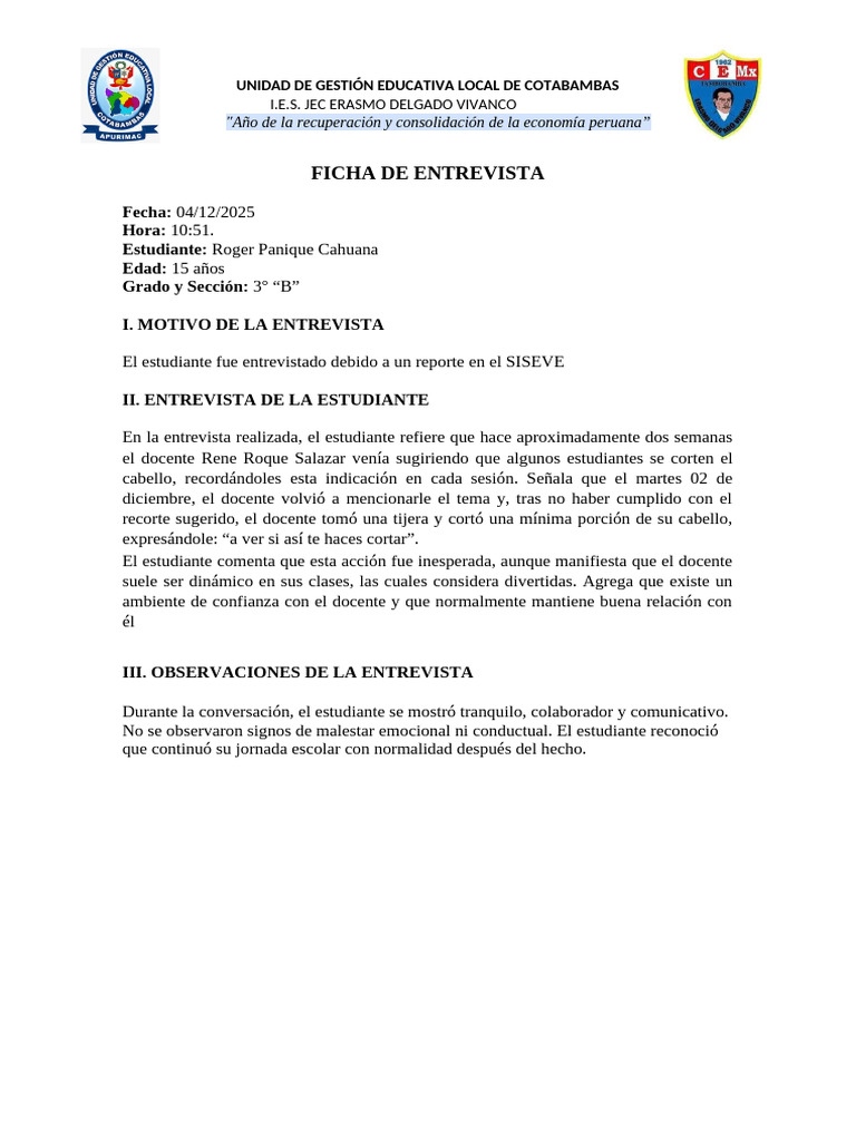 Ficha de Entrevista R.P.C. 3°b | PDF