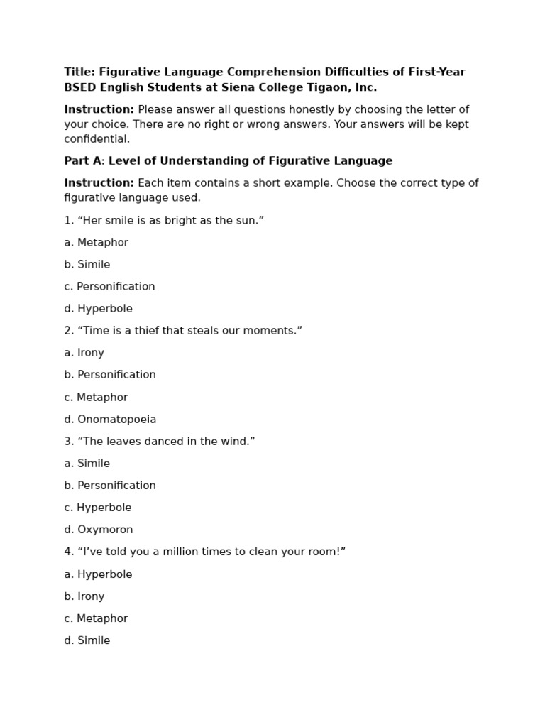 Questionnaire | PDF | Reading Comprehension | Linguistics