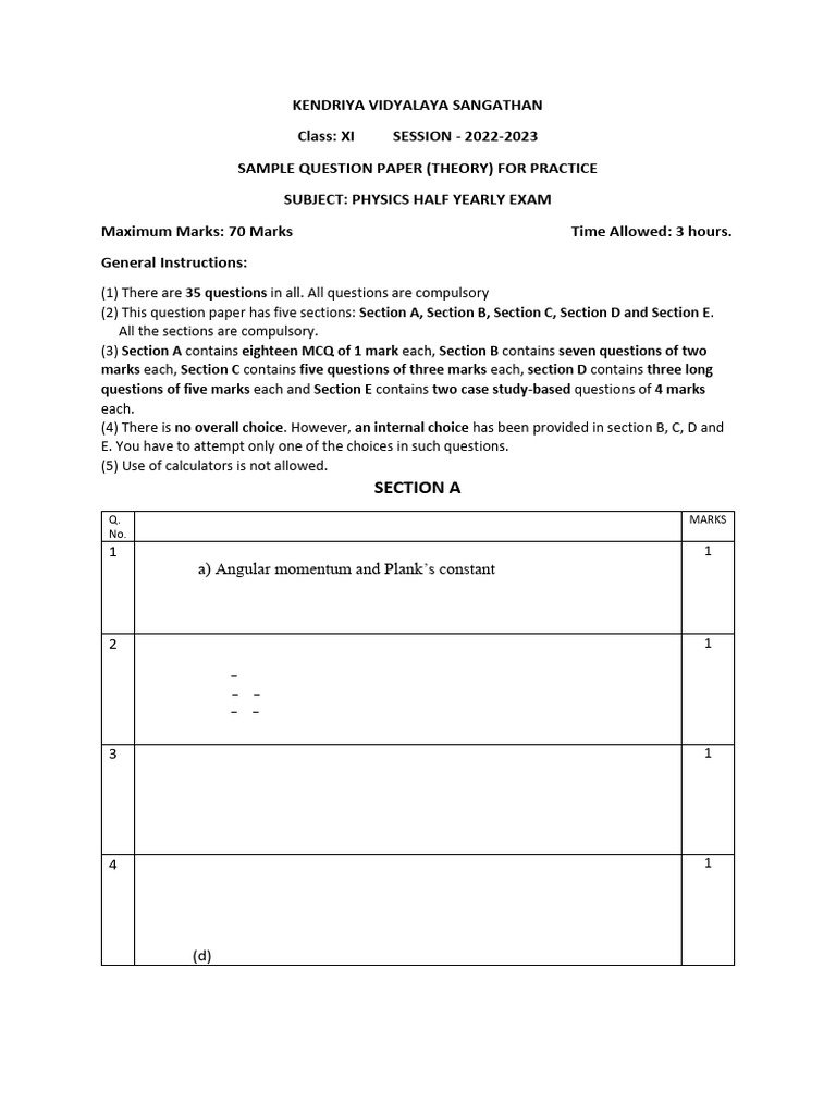 2. Sample Question Paper-1 Class- Xi Physics 2022-23 | PDF | Acceleration | Force