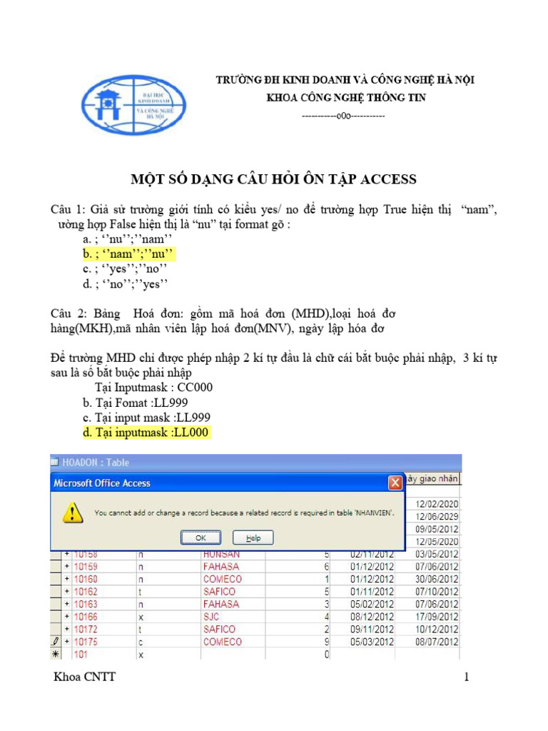 Một Số Câu Hỏi Ôn Tạp Access | PDF