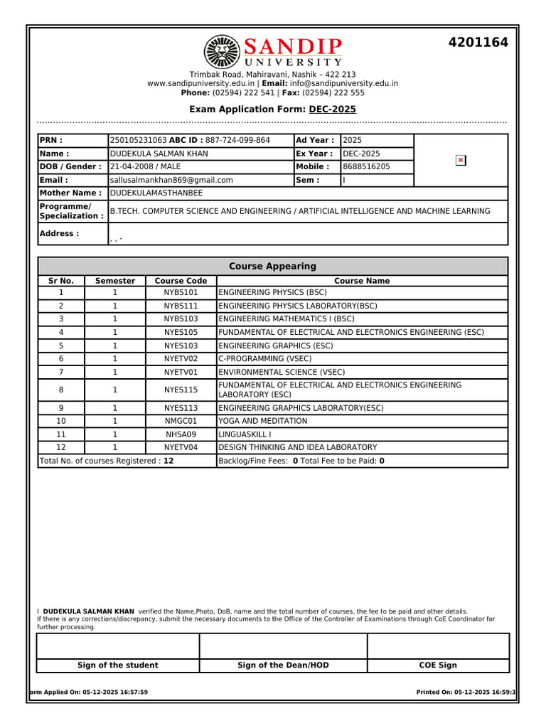 250105231063_exam_form | PDF | Engineering | Computing