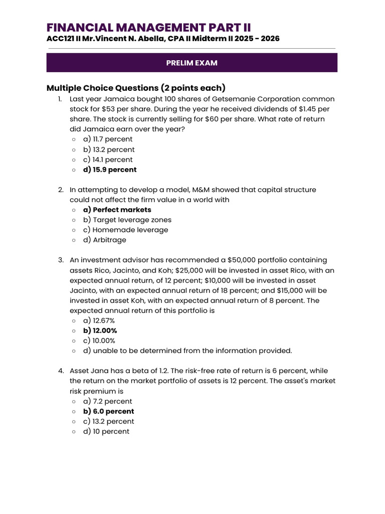 Financial Management Midterm Exam 2025-2026 | PDF | Net Present Value ...