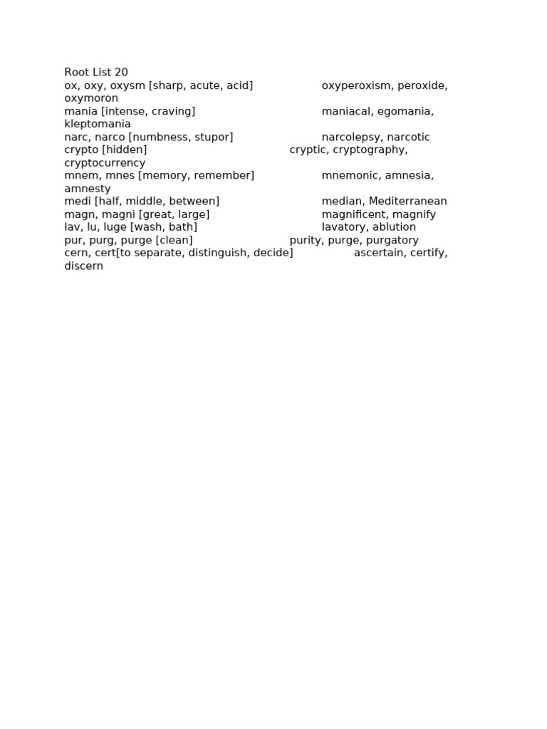 Root Word List and Meanings | PDF