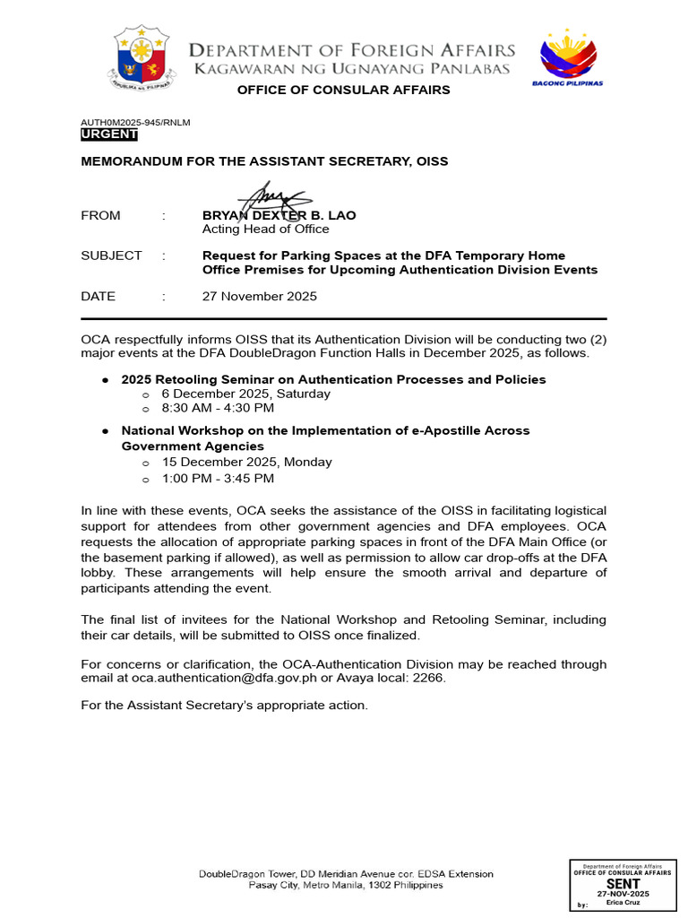 [Urgent] Memo for Oiss Re Request for Parking Spaces at the Dfa ...