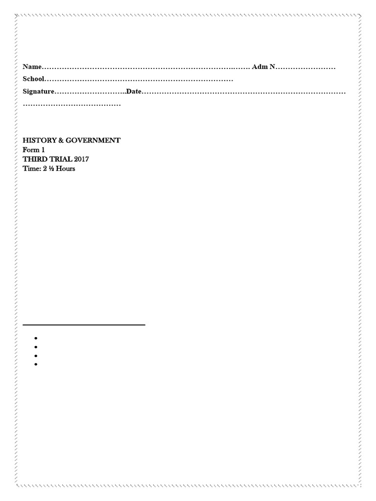 F 1 History and Government Paper Form 1 Mid Term 2 Exam 2017 | PDF ...