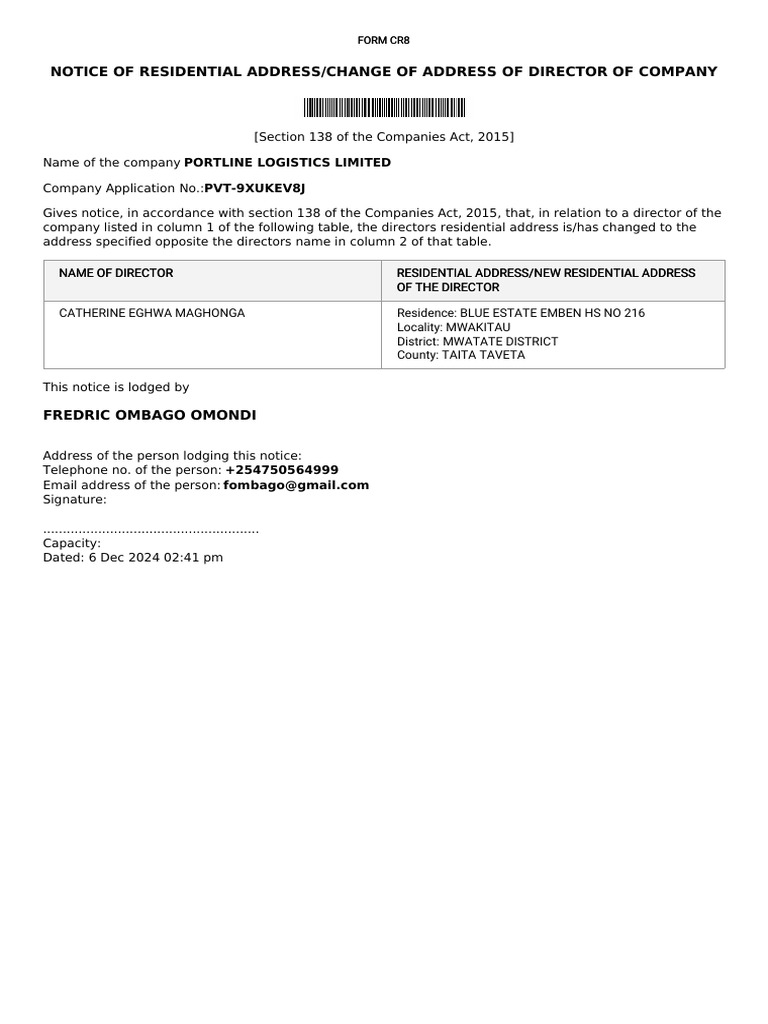 Cr-b61kb33q-Notice of Residential Address - Change of Address of ...