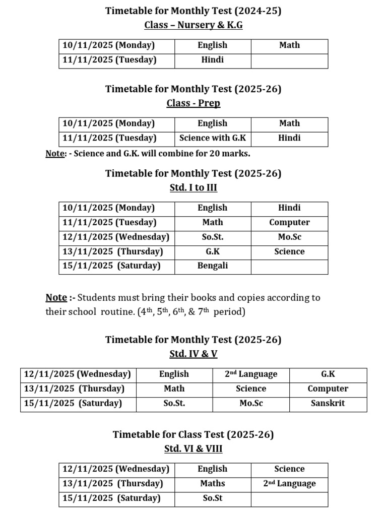 Timetable for Nursery to v Monthly Test VI to VIII Class Test 2025-26 | PDF