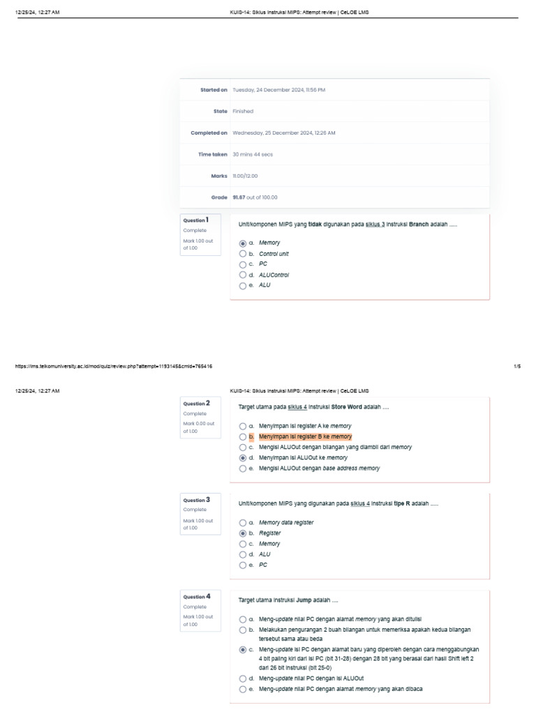 KUIS 14 Siklus Instruksi MIPS Attempt Review CeLOE LMS PDF | PDF