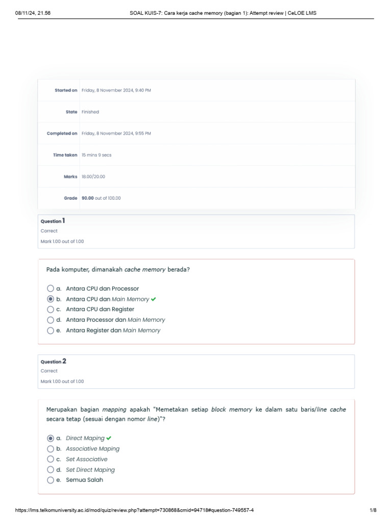 SOAL KUIS 7 Cara Kerja Cache Memory Bagian 1 Attempt Review CeLOE LMS ...