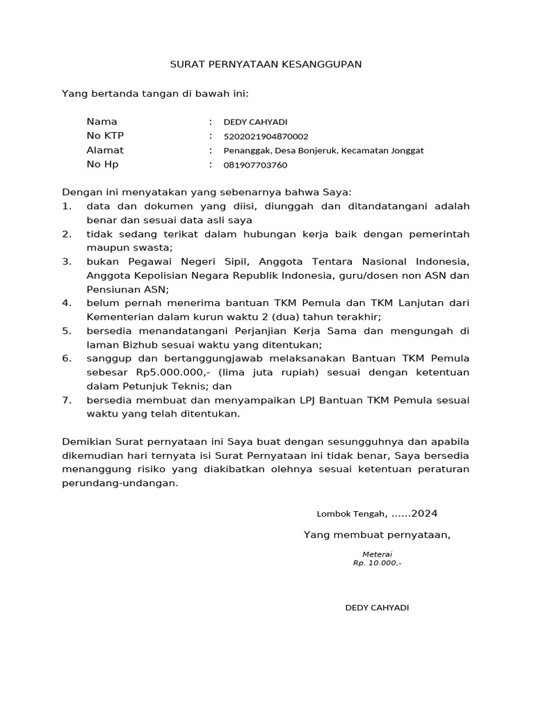 Surat Pernyataan Kesanggupan Dedy Cahyadi | PDF