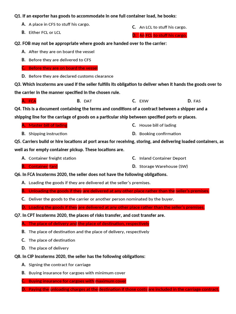 Incoterms and Freight Forwarding Quiz | PDF | Bill Of Lading | Cargo