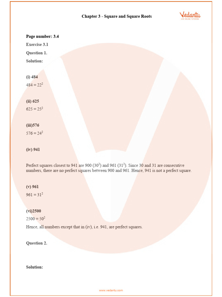RD Sharma Class 8 Solutions Chapter 3 - Square and Square Roots (Ex 3.1 ...
