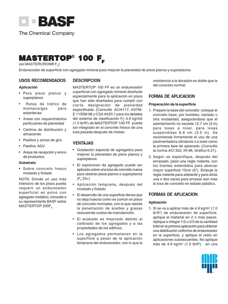 Endurecedor MASTERTOP 100 FF para Pisos Planos | PDF | Aluminio | Cemento