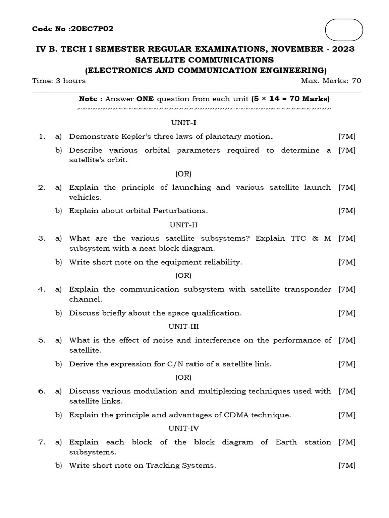 Ece -Satellite Communications - Set1 | PDF | Communications Satellite ...