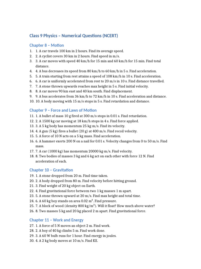 Class 9 Physics Numerical Problems | PDF | Force | Frequency