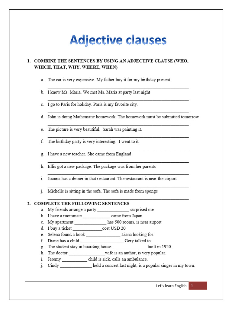 Adjective Clause Exercise | PDF