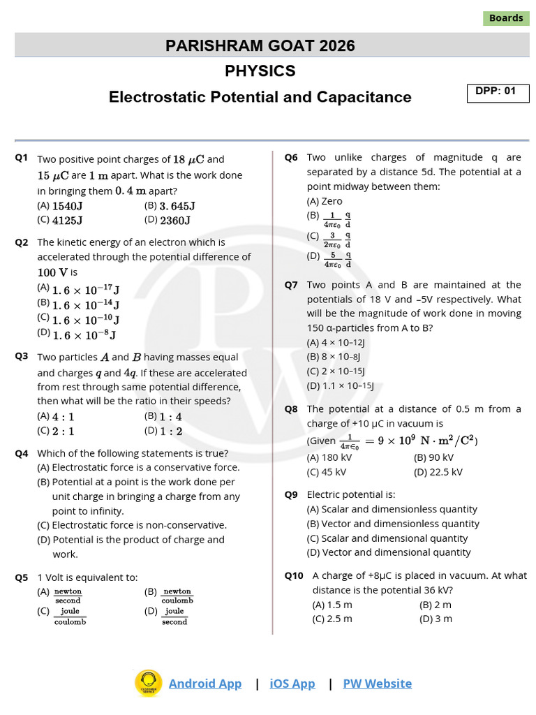 Electrostatic Potential and Capacitance - DPP 01 PDF | PDF | Physical ...