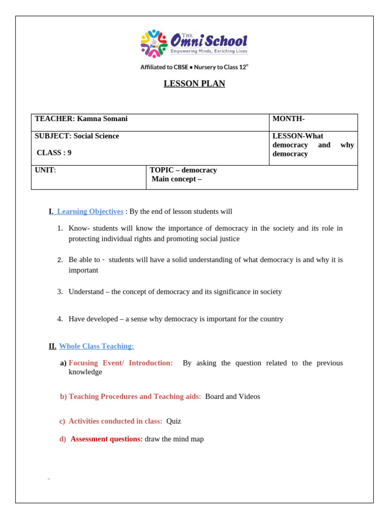 LESSON PLAN FORMAT 24-25 What Democracy and Why Democracy | PDF