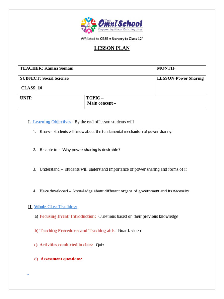 Lesson Plan Format 24-25 Power Sharing | PDF