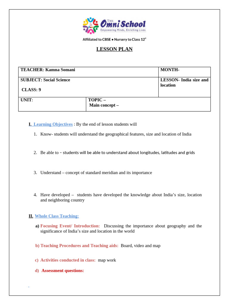 LESSON PLAN FORMAT 24-25 India Size and Location | PDF