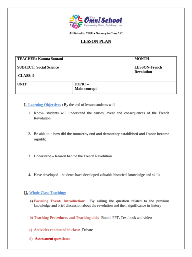 French Revolution Lesson Plan for Class 9 | PDF