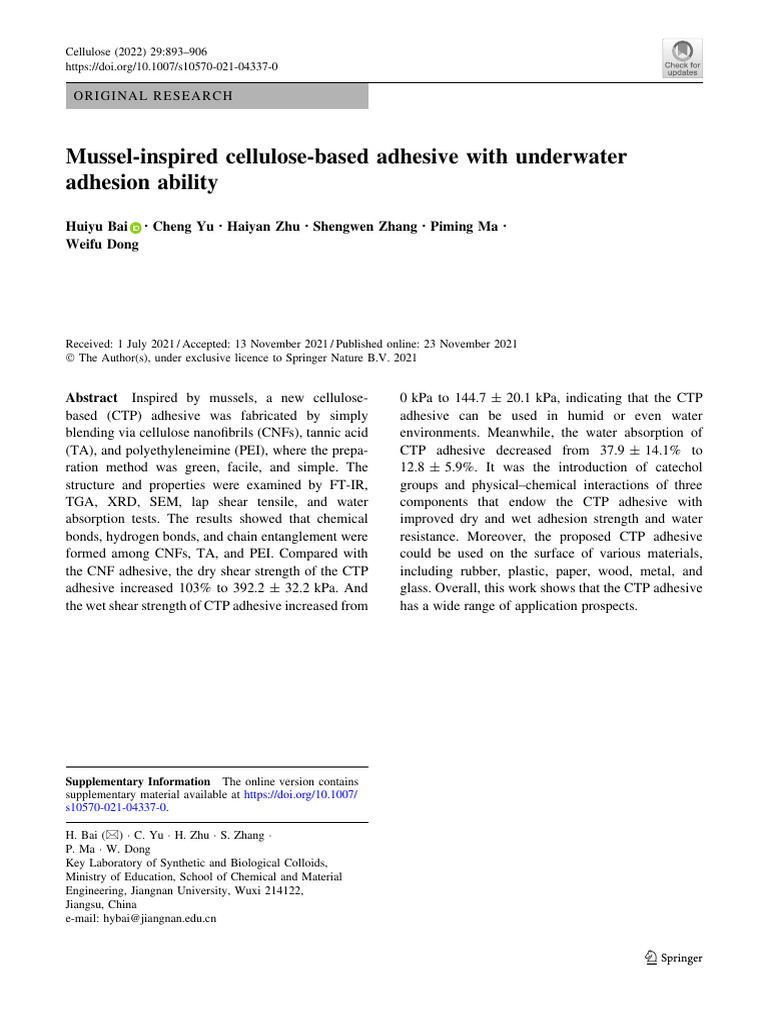 Mussel-Inspired Cellulose Adhesive | PDF | Adhesive | Cellulose