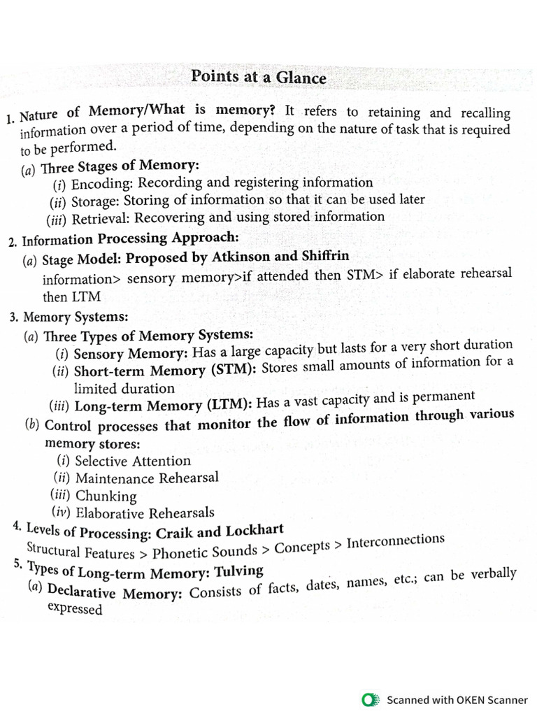 Summary Notes of Memory Chapter | PDF