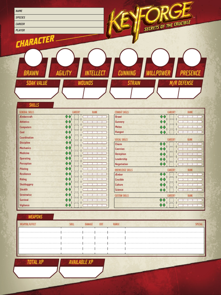 Secrets of The Crucible Genesys Character Sheet (Form Fill Dice Pools ...