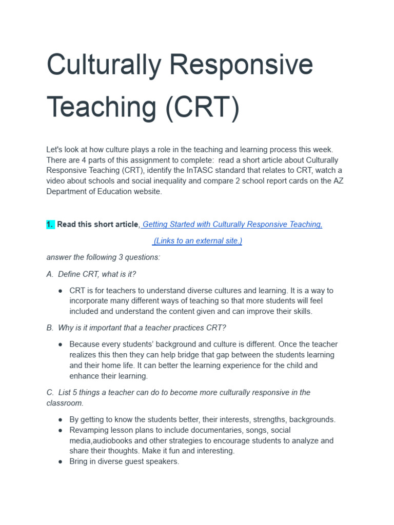 EDU221-Culturally Responsive Teaching | PDF | Teachers | Learning