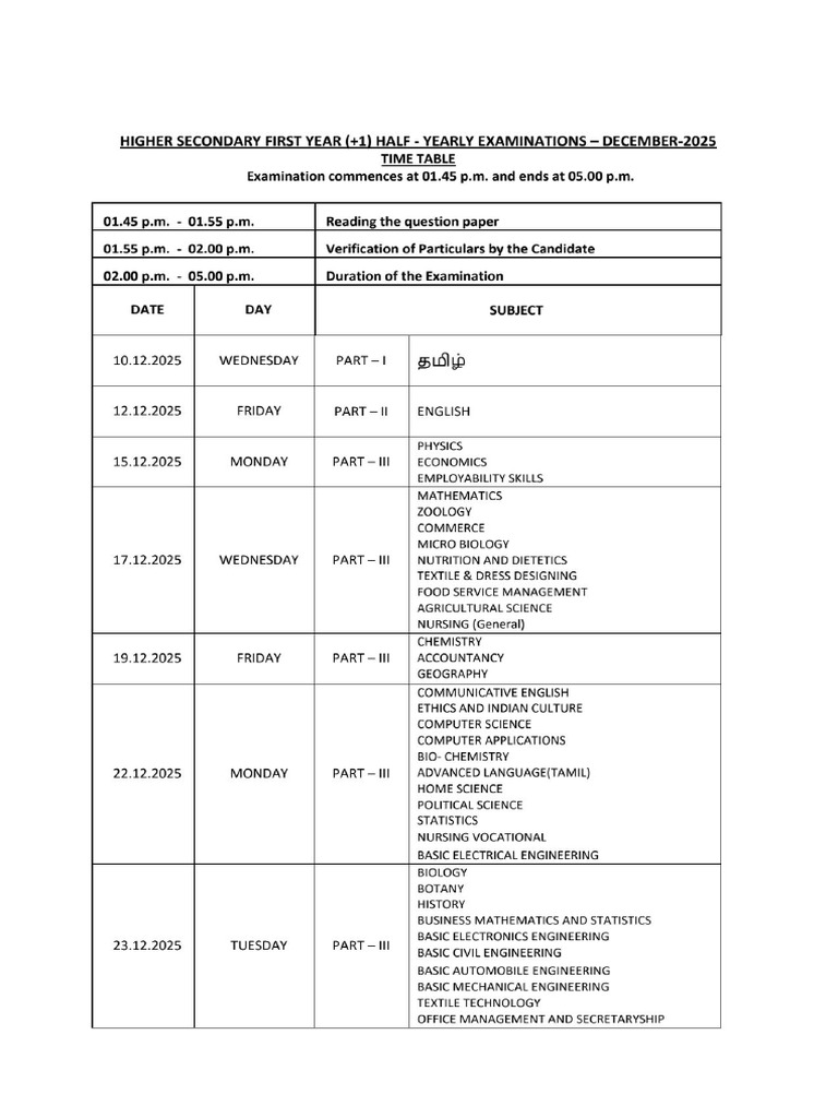 Half - Yearly - Exam Time Table - December - 2025 | PDF