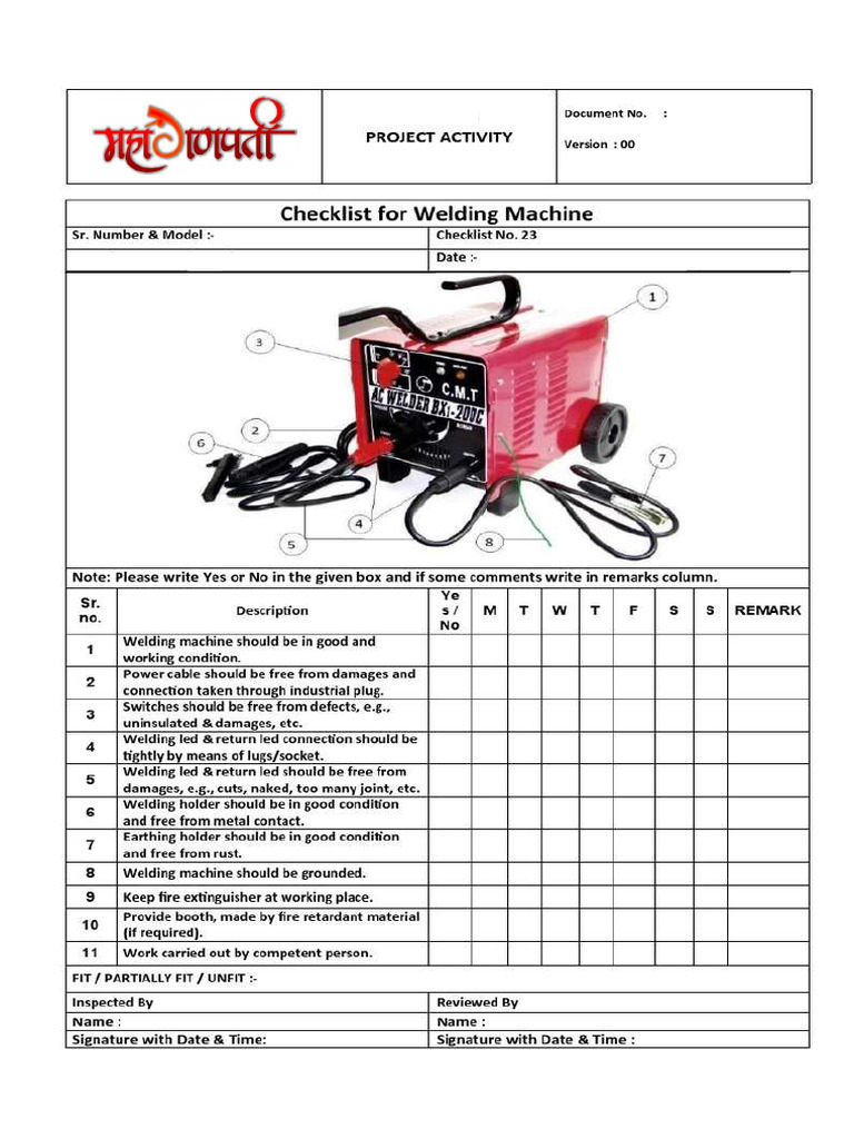 Welding Machine Checklist | PDF