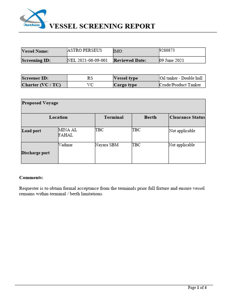 Astro Perseus Screening report | PDF | Oil Tanker | Shipping