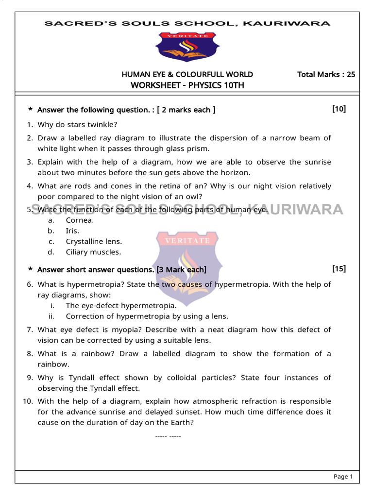 Worksheet 10th Physics | PDF