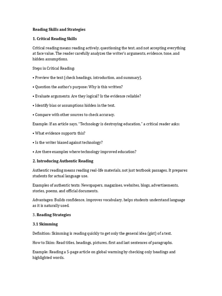 Reading Skills and Strategies | PDF | Speed Reading | Writing