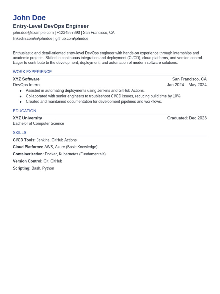 Entry-Level DevOps Engineer Resume Sample | PDF