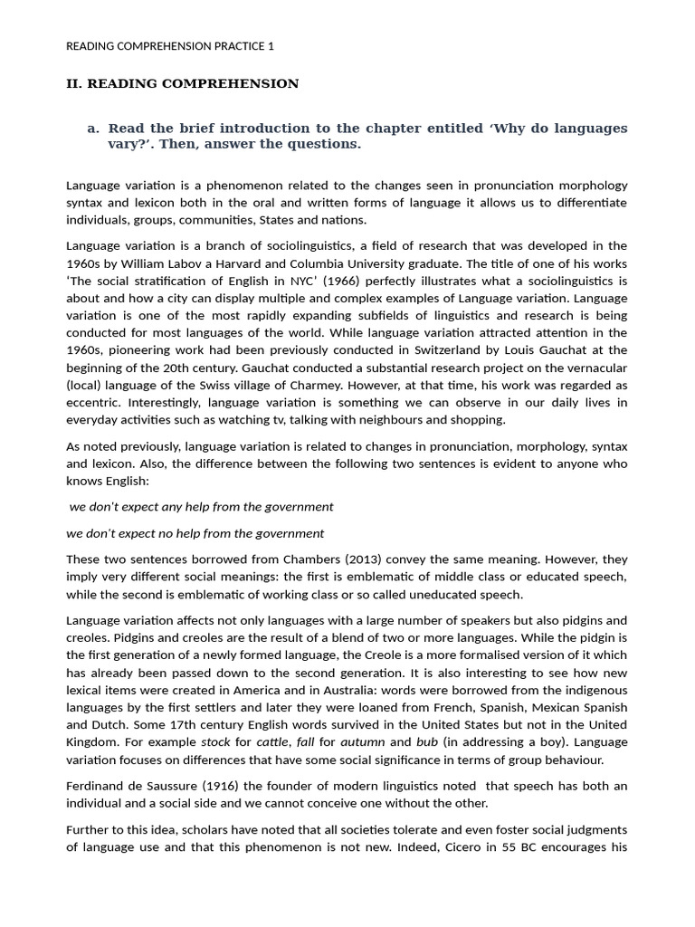 Reading Comprehension Practice 1 | PDF | Linguistics | Sociolinguistics